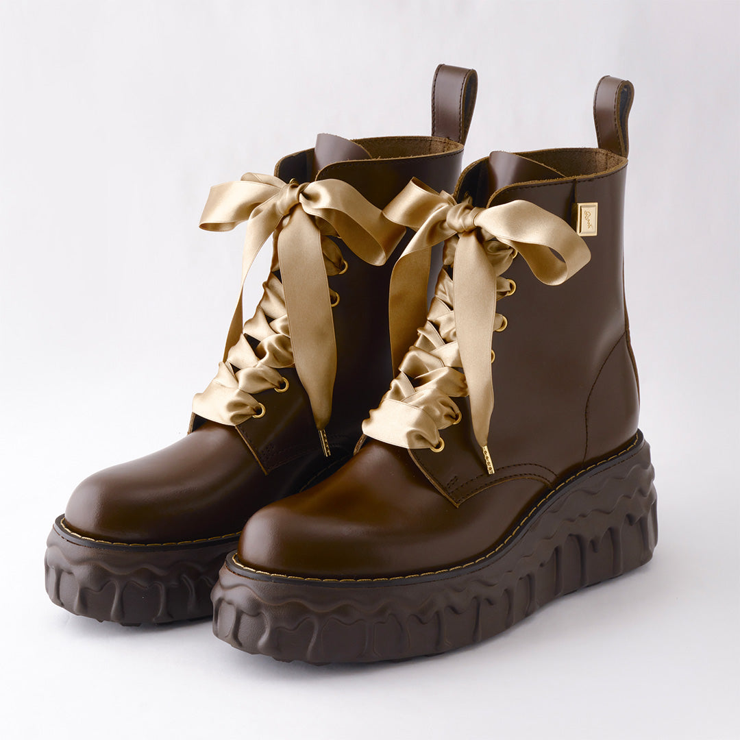 Melting Chocolate Satin Ribbon Lace Up Leather Boots (Brown)【Japan Jew ...
