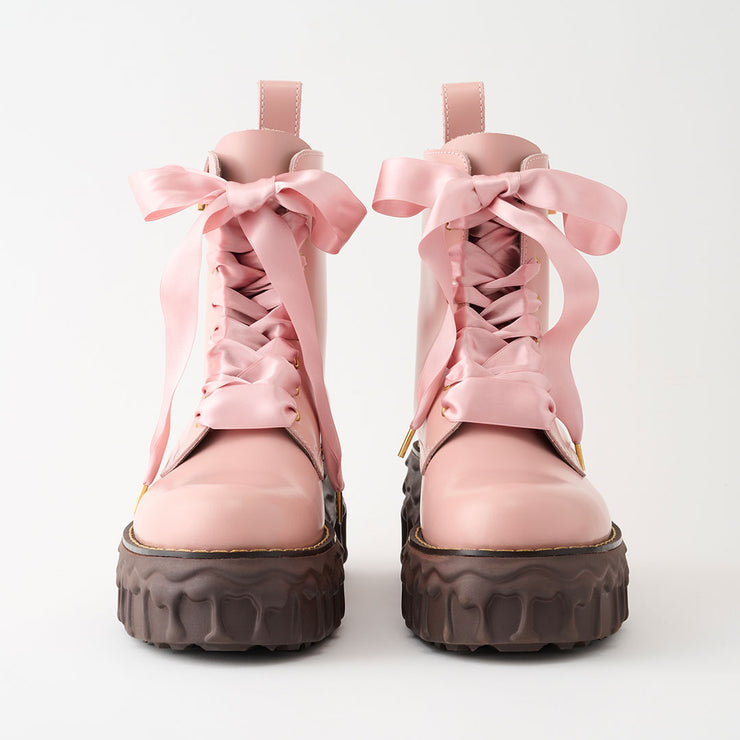 Melting Chocolate Satin Ribbon Lace Up Leather Boots (Pale Pink)【Japan ...