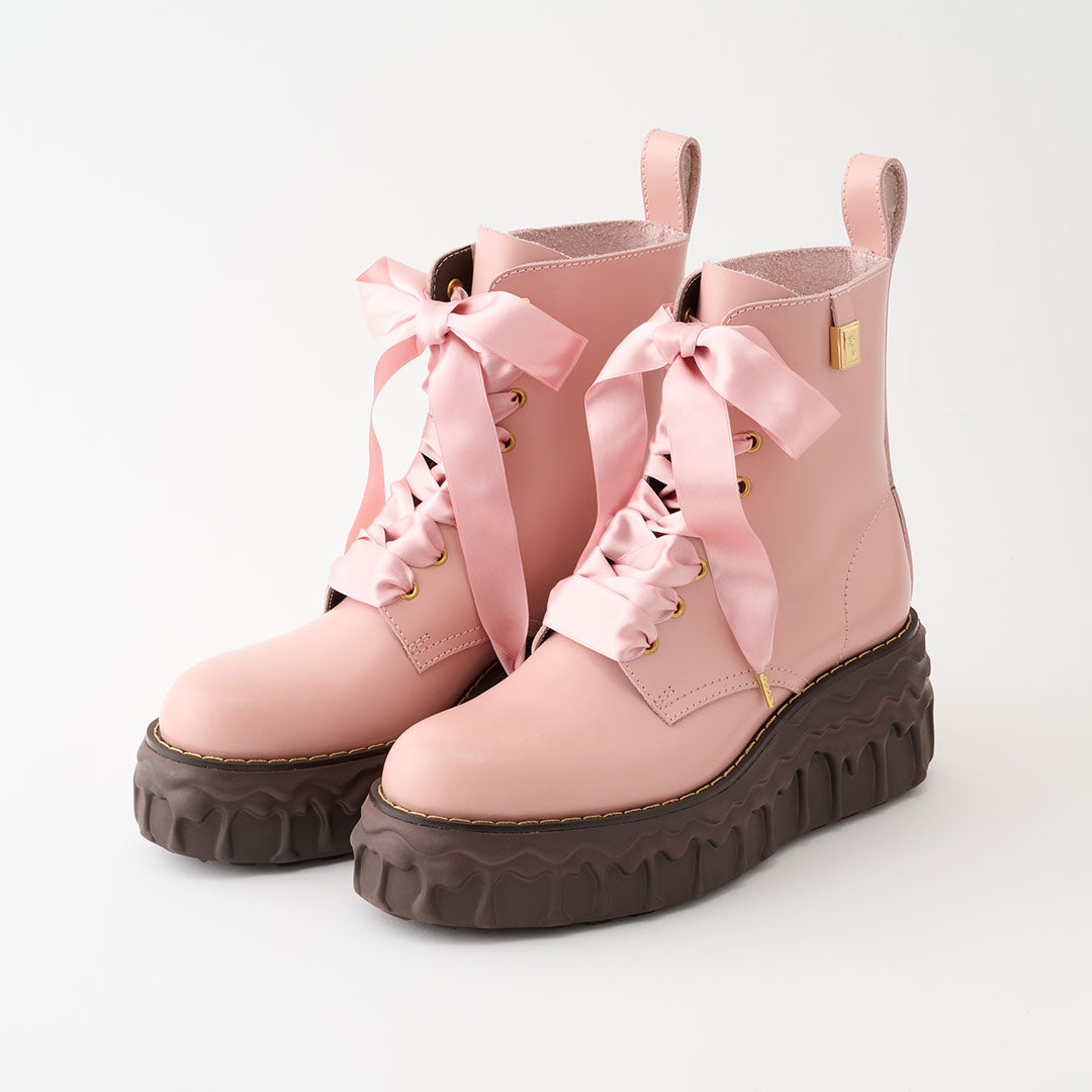 Melting Chocolate Satin Ribbon Lace Up Leather Boots (Pale Pink)【Japan ...